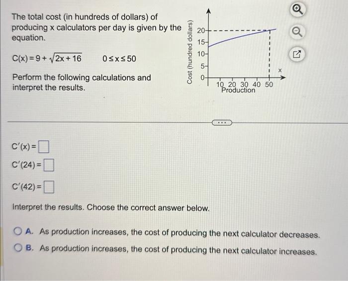 Solved The total cost (in hundreds of dollars) of producing | Chegg.com
