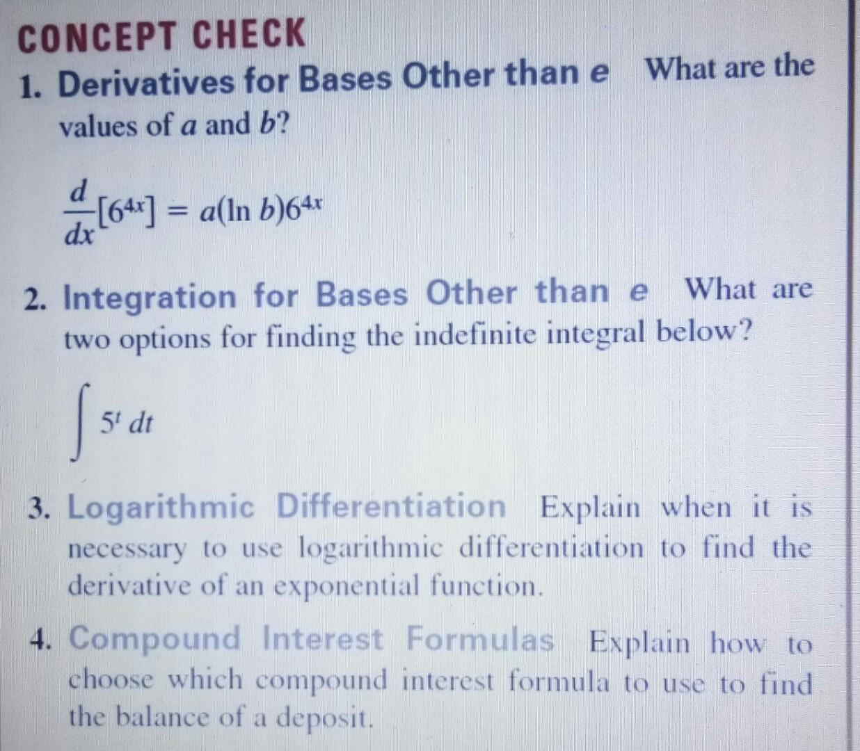 Solved CONCEPT CHECK 1. Derivatives for Bases Other than e | Chegg.com
