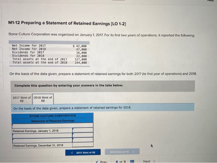 Solved M1-12 Preparing a Statement of Retained Earnings (LO | Chegg.com