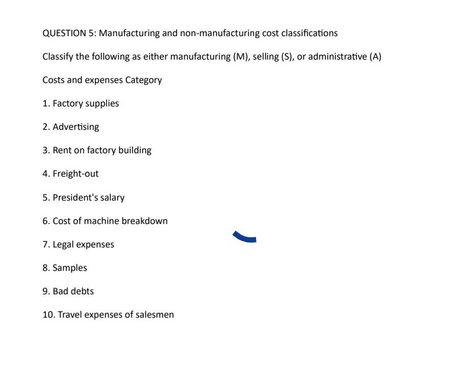 Solved QUESTION 5: Manufacturing and non-manufacturing cost | Chegg.com