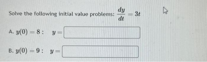 Solved Solve the following initial value problems: dtdy=3t | Chegg.com