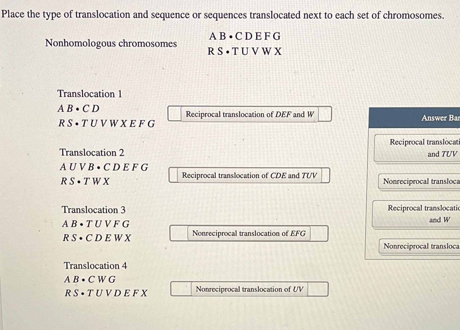 Solved Place the type of translocation and sequence or | Chegg.com