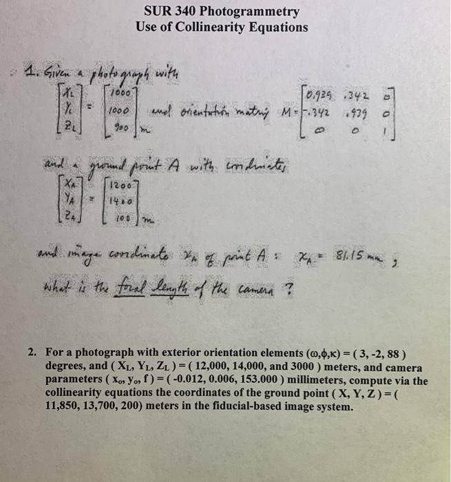 Solved SUR 340 Photogrammetry Use of Collinearity Equations | Chegg.com