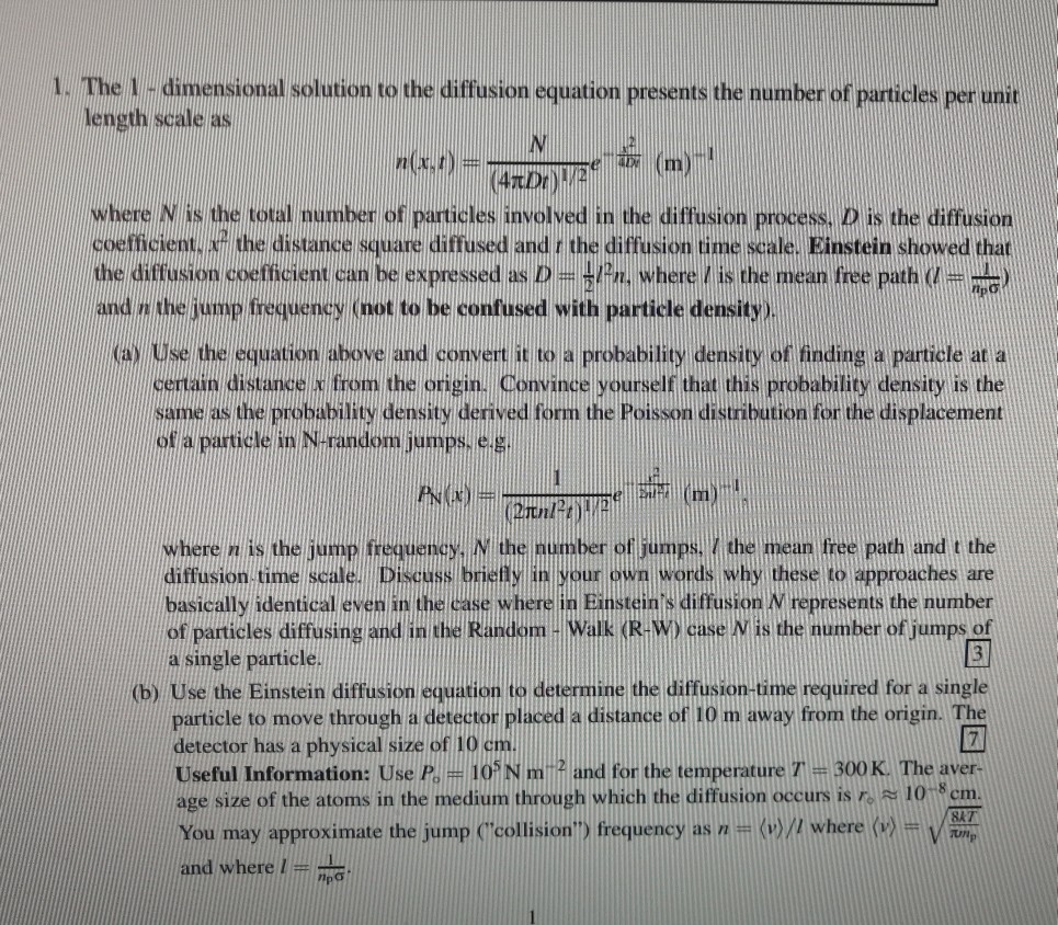 (m) 1. The 1-dimensional solution to the diffusion | Chegg.com