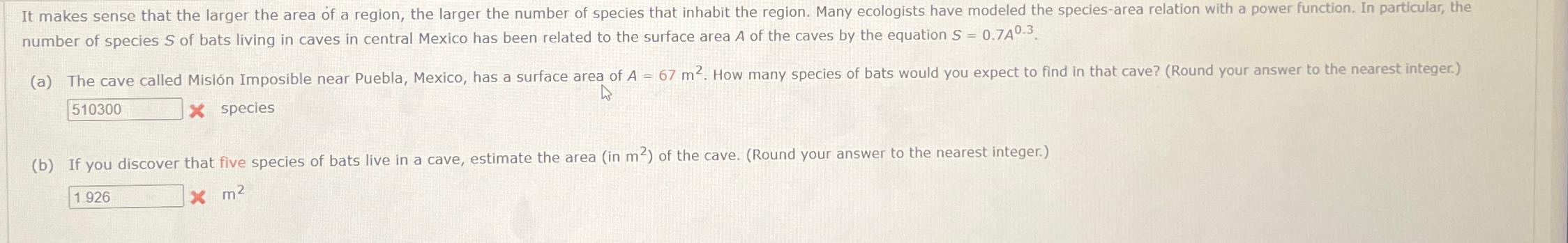 Solved number of species S ﻿of bats living in caves in | Chegg.com