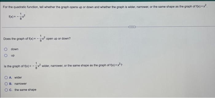 Solved For the quadratic function, tell whether the graph | Chegg.com