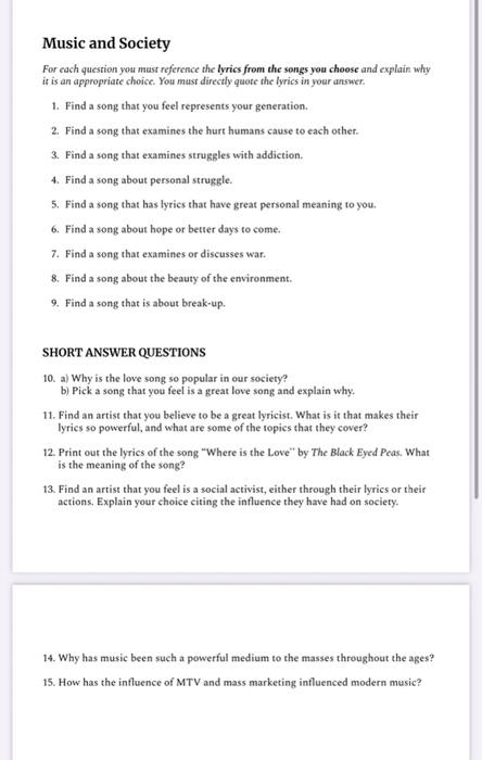 Music and Society For each question you must | Chegg.com