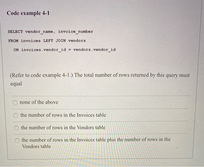 Solved Code example 4-1 SELECT vendor_name, invoice_number | Chegg.com