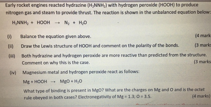 Solved Early rocket engines reacted hydrazine (H2NNH) with | Chegg.com