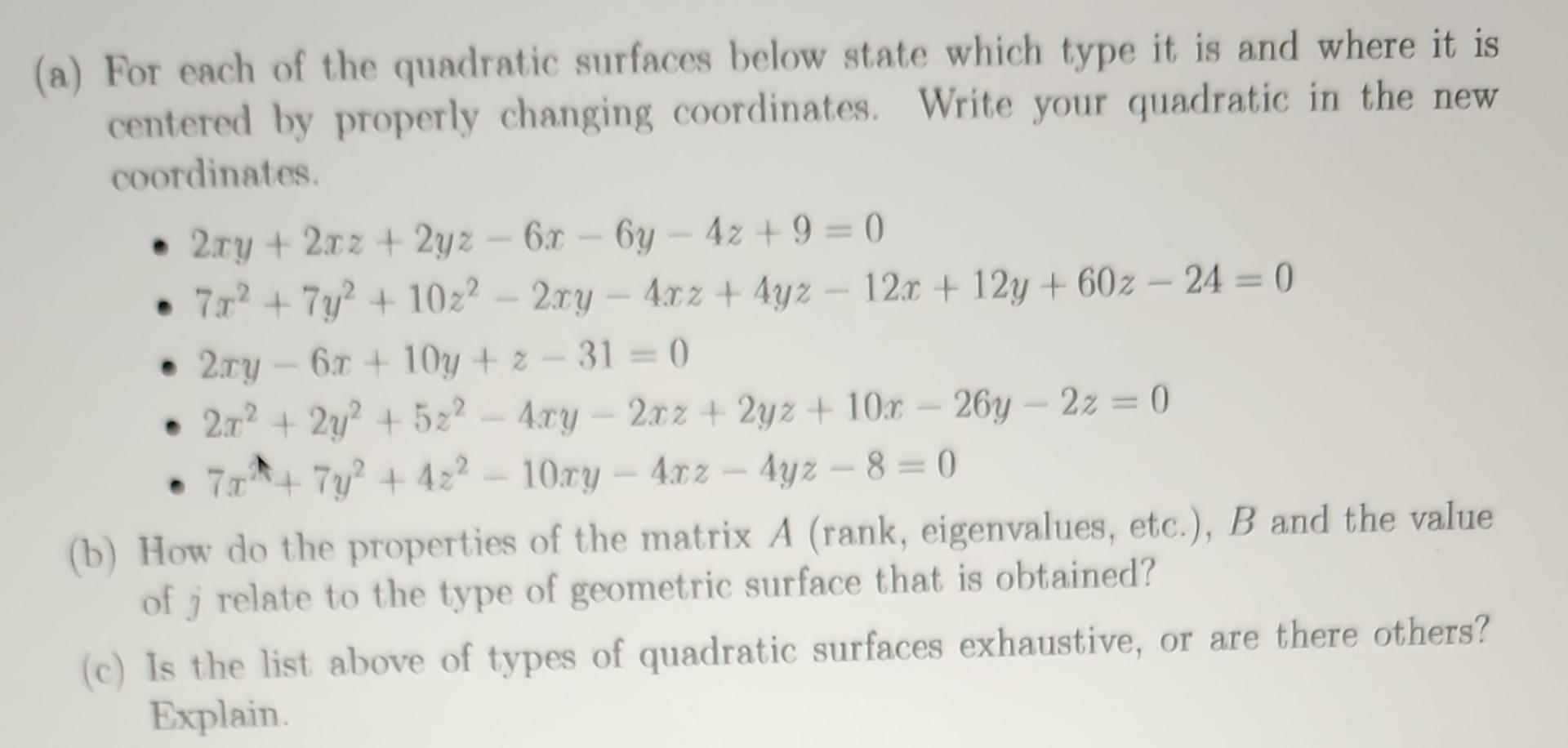 Solved a) For each of the quadratic surfaces below state | Chegg.com
