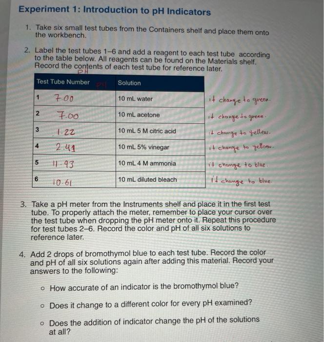 Experiment 1: Introduction to pH Indicators 1. Take | Chegg.com
