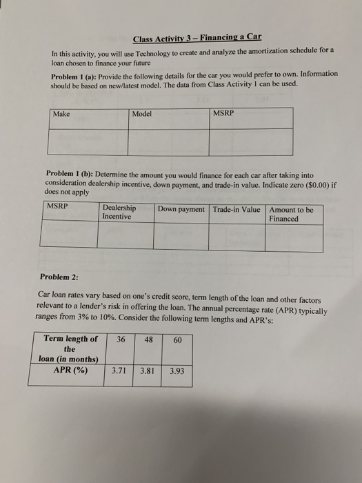 Solved Class Activity 3 - Financing a Car In this activity, | Chegg.com