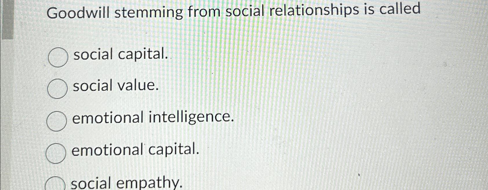 Solved Goodwill stemming from social relationships is | Chegg.com