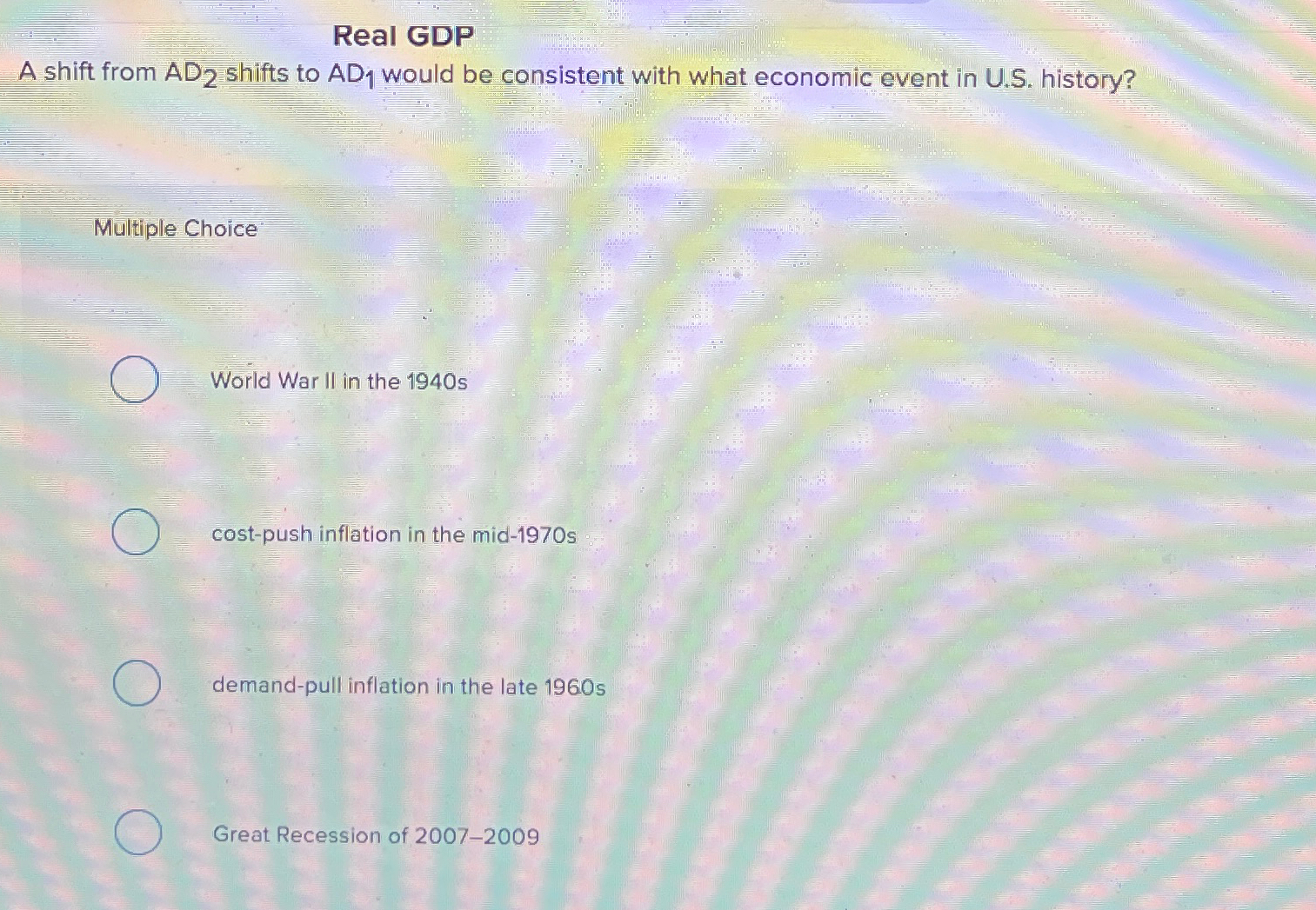 Solved Real GDPA shift from AD2 shifts to AD1 would be | Chegg.com Solved Real GDPA shift from AD2 shifts to AD1 would be | Chegg.com