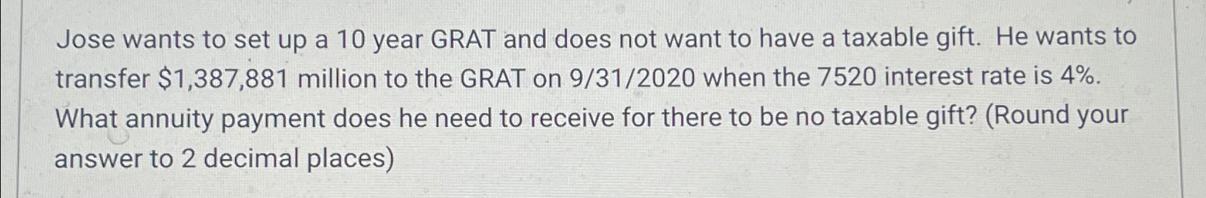 Solved Jose wants to set up a 10 ﻿year GRAT and does not | Chegg.com