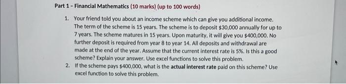 Solved Part 1 - Financial Mathematics ( 10 marks) (up to 100 | Chegg.com