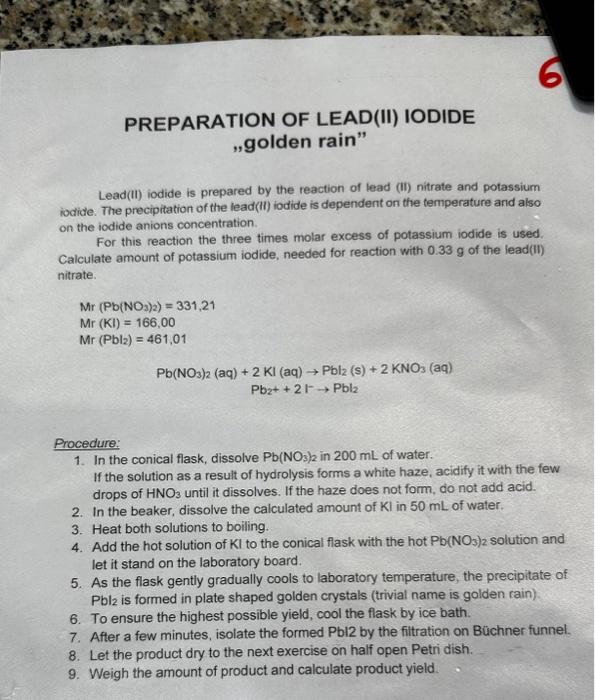 Solved Lead(II) iodide is prepared by the reaction of lead | Chegg.com