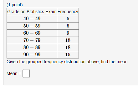 Solved (1 ﻿point)Given the grouped frequency distribution | Chegg.com