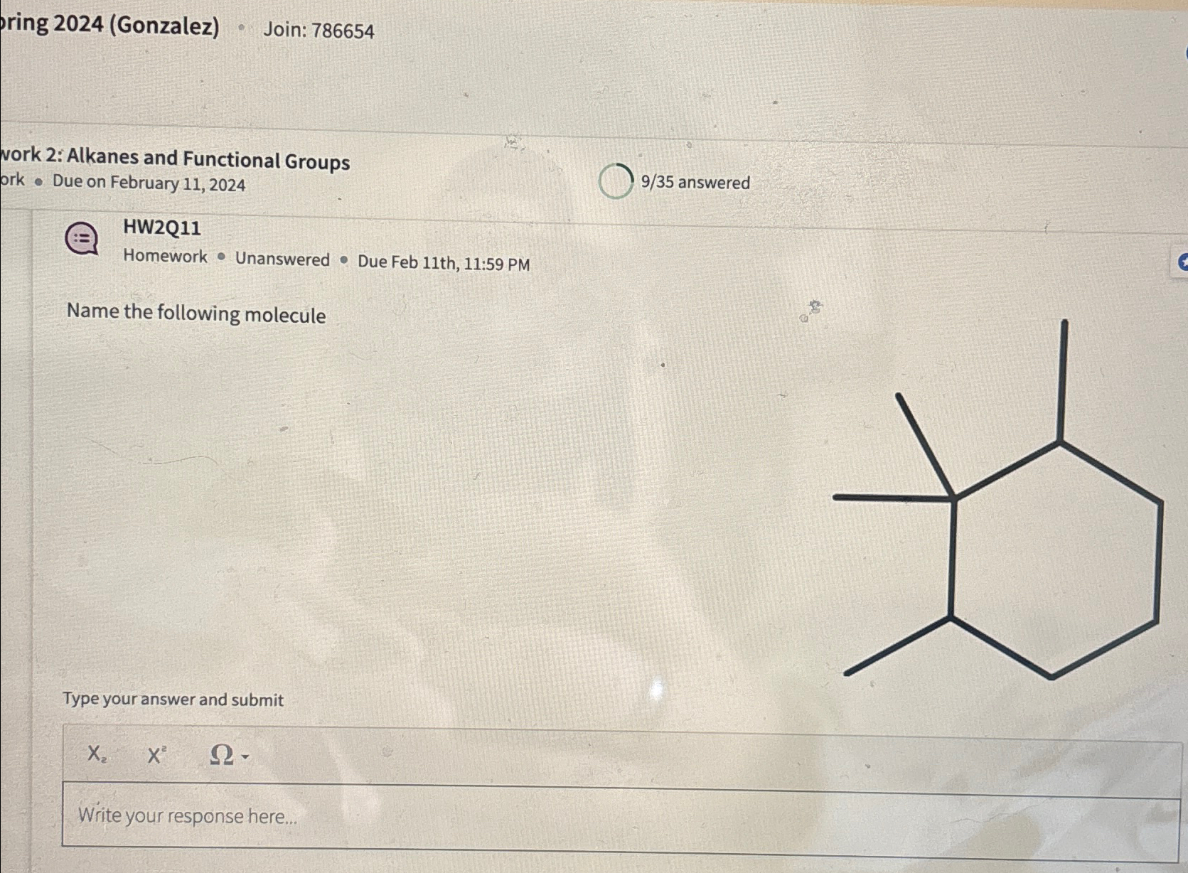 Solved ring 2024 (Gonzalez) * ﻿Join: 786654work 2: Alkanes | Chegg.com