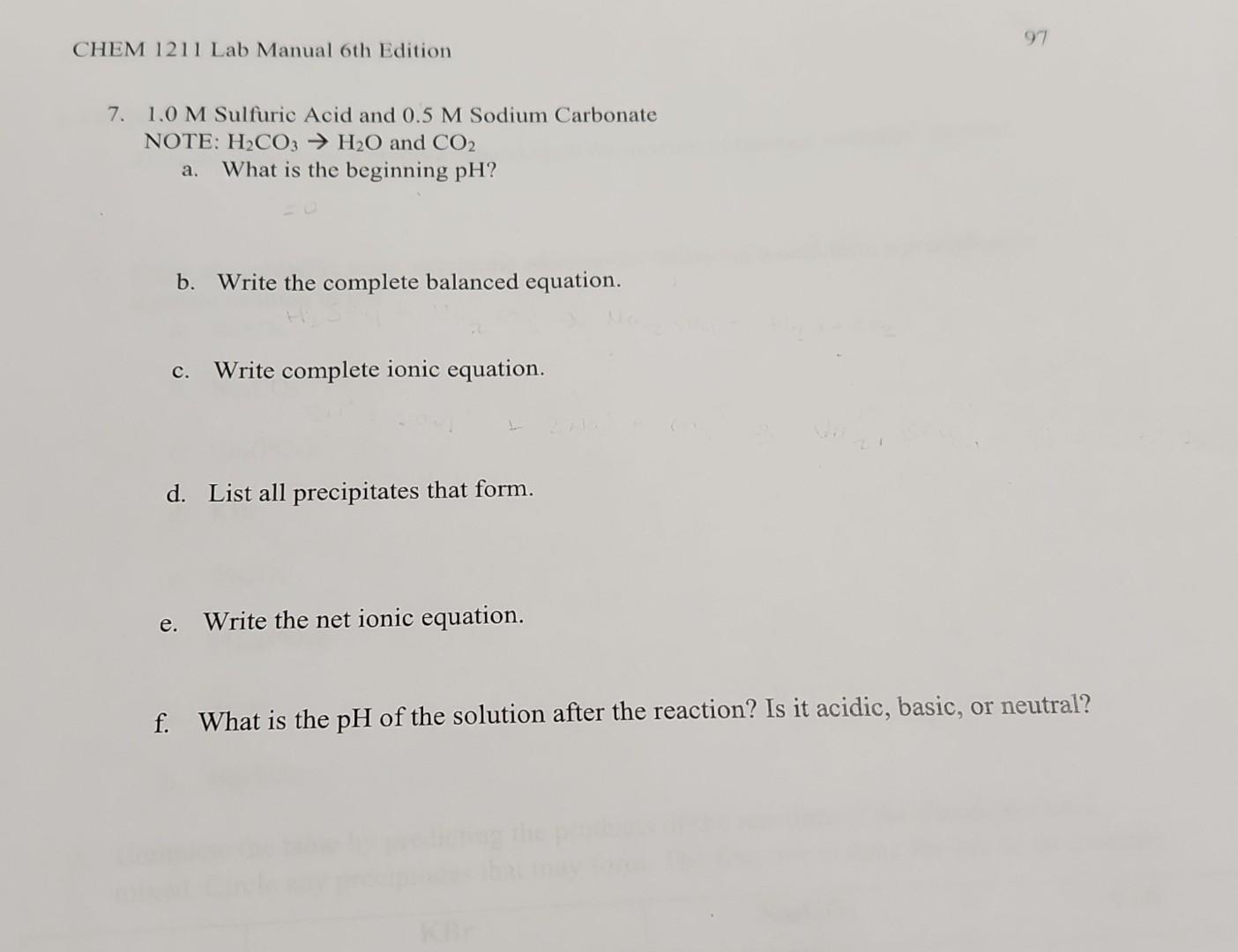 Solved HEM 1211 Lab Manual 6th Edition 97 7. 1.0M Sulfuric | Chegg.com