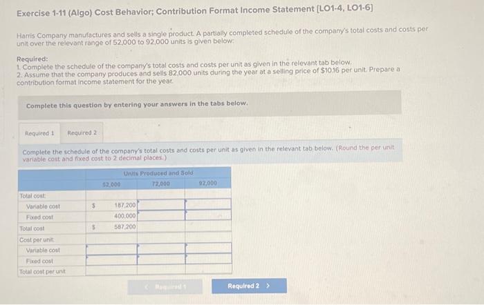 Solved Exercise 1-11 (Algo) Cost Behavior; Contribution | Chegg.com
