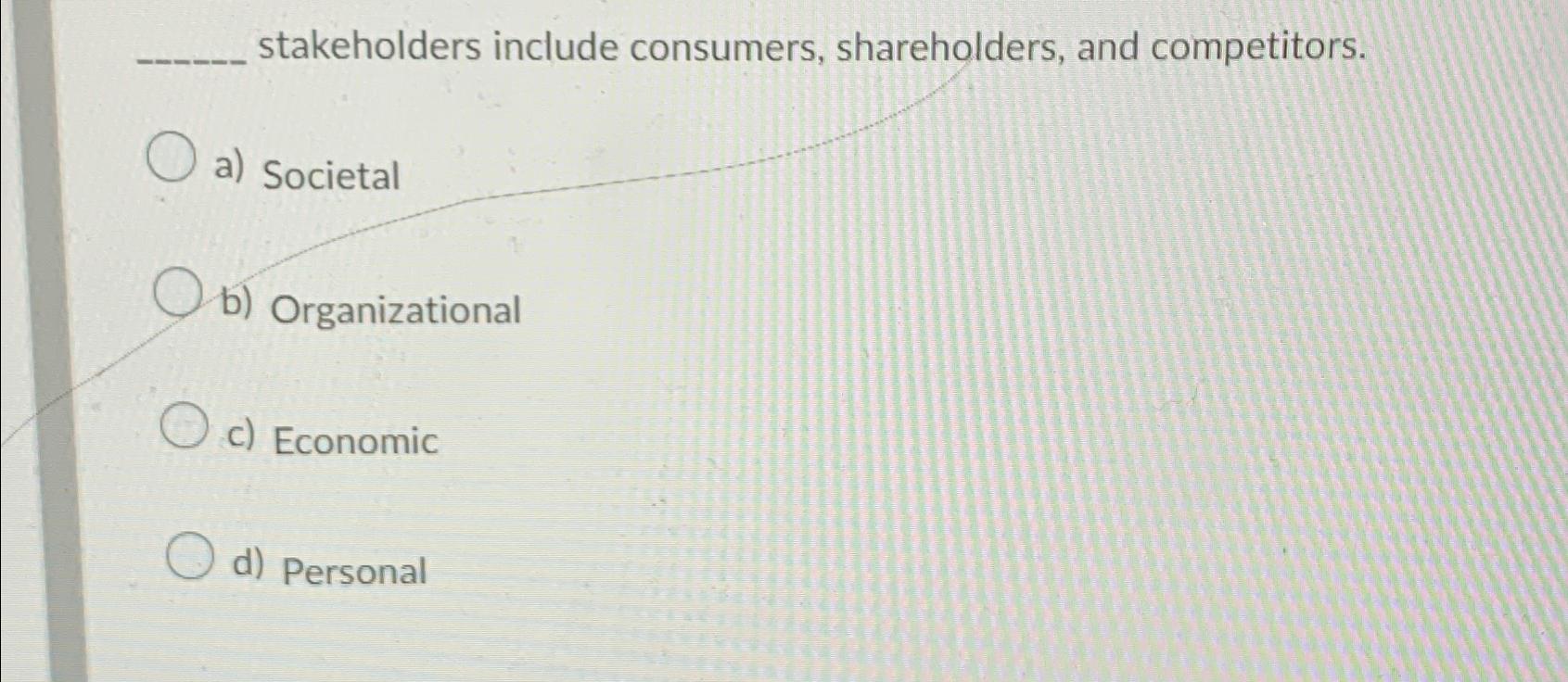 Solved stakeholders include consumers, shareholders, and | Chegg.com