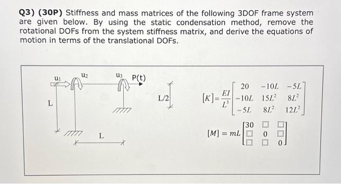 Q3) (30P) Stiffness and mass matrices of the | Chegg.com