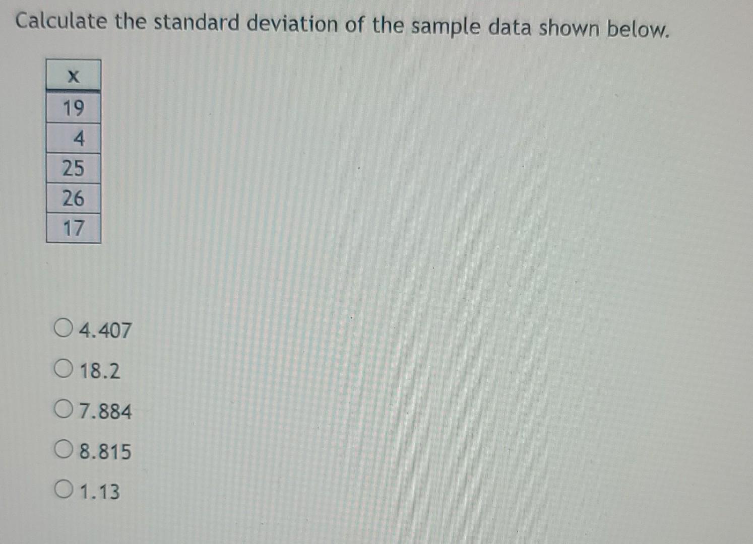 Solved Calculate the standard deviation of the sample data | Chegg.com