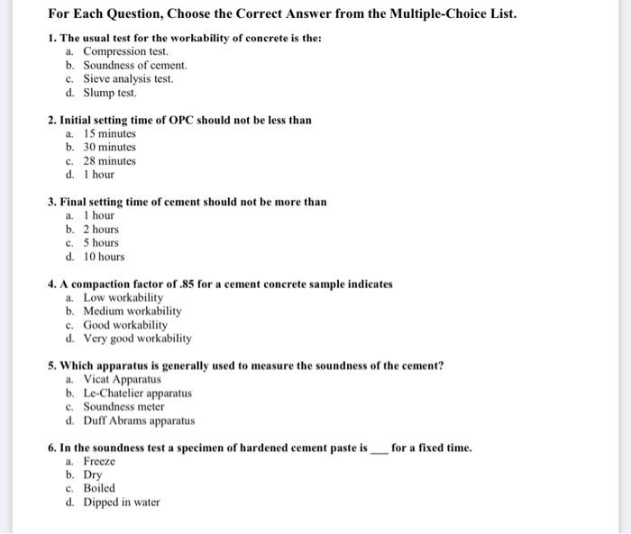 Solved For Each Question, Choose the Correct Answer from the | Chegg.com