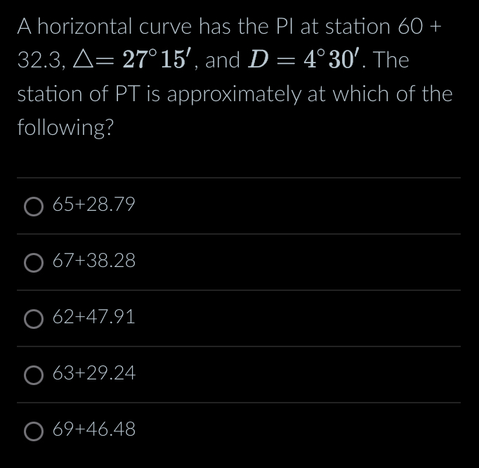 Solved A horizontal curve has the PI at station | Chegg.com