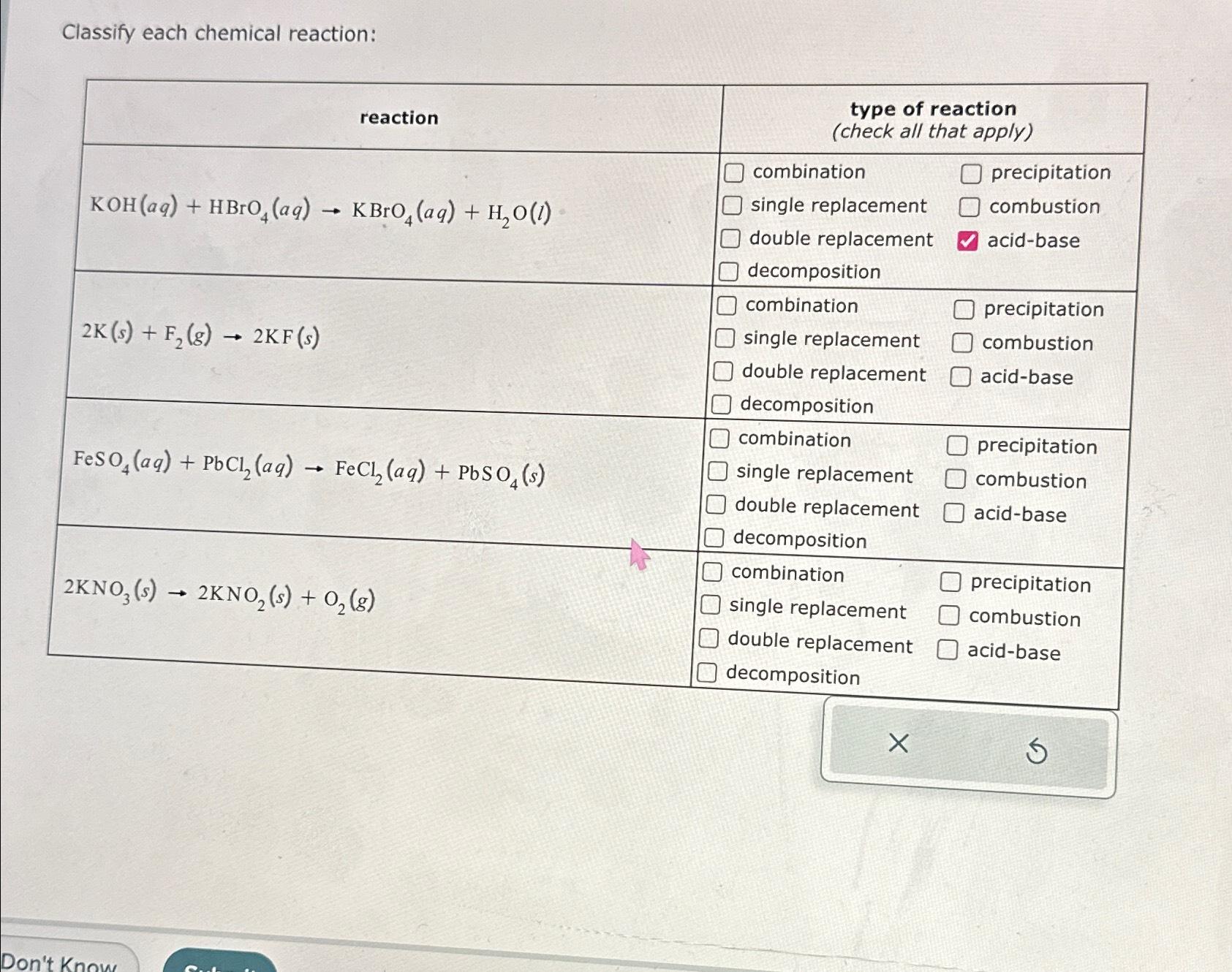 Solved Classify each chemical reaction: | Chegg.com