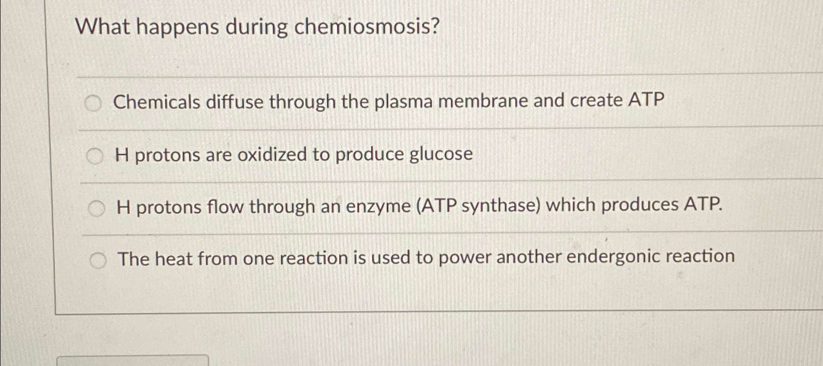 Solved What happens during chemiosmosis?Chemicals diffuse | Chegg.com