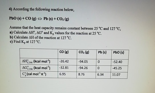 Solved 4) According the following reaction below, PbO (8) + | Chegg.com