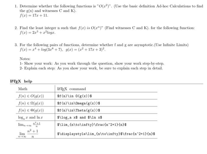 Solved 1. Determine whether the following functions is "O(x | Chegg.com