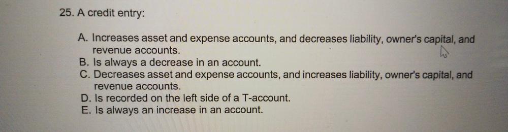 Solved 25. A credit entry: A. Increases asset and expense | Chegg.com