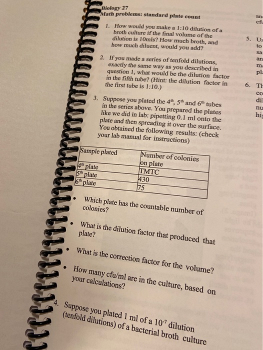 Solved Biology 27 Math problems: standard plate count 1. How | Chegg.com