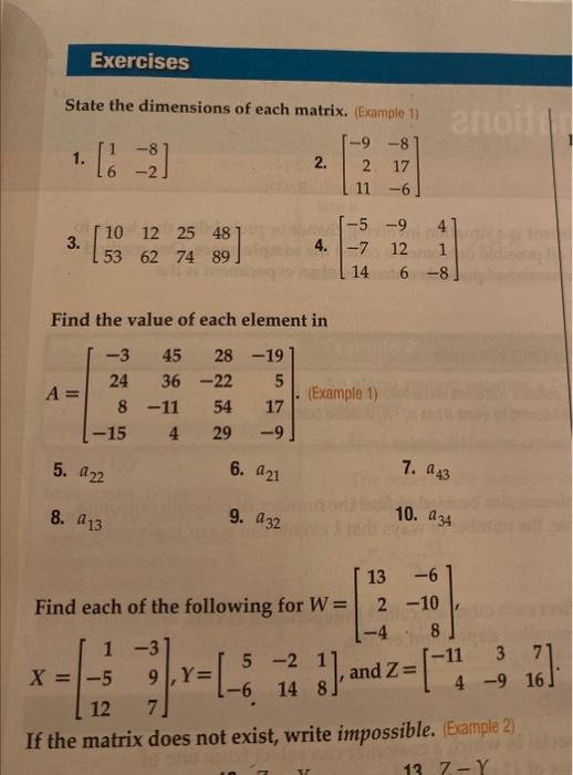 Solved State the dimensions of each matrix. (Example 1) 1. | Chegg.com