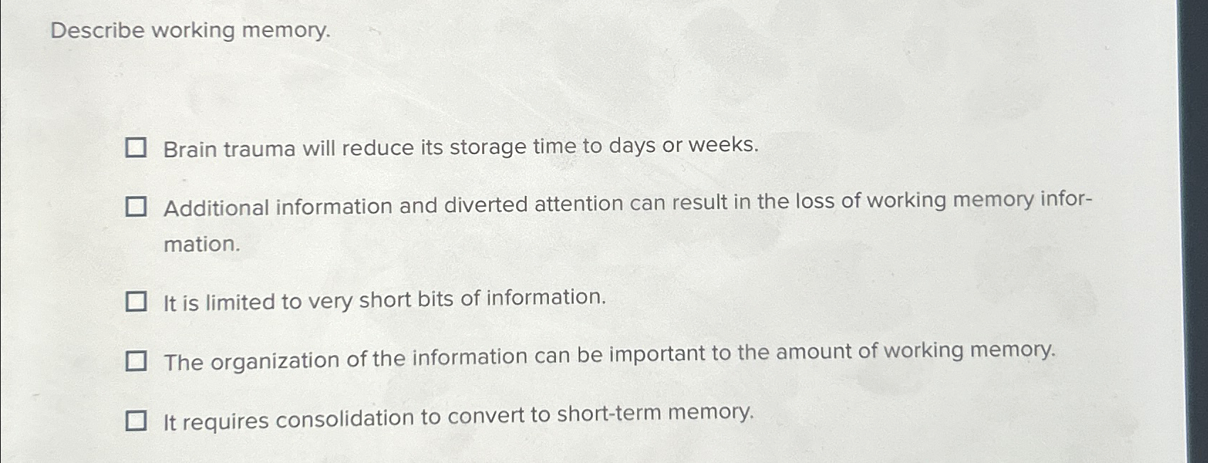 Solved Describe working memory.Brain trauma will reduce its | Chegg.com