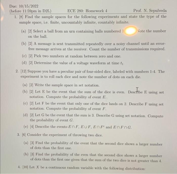 Solved 1. [8] Find the sample spaces for the following | Chegg.com