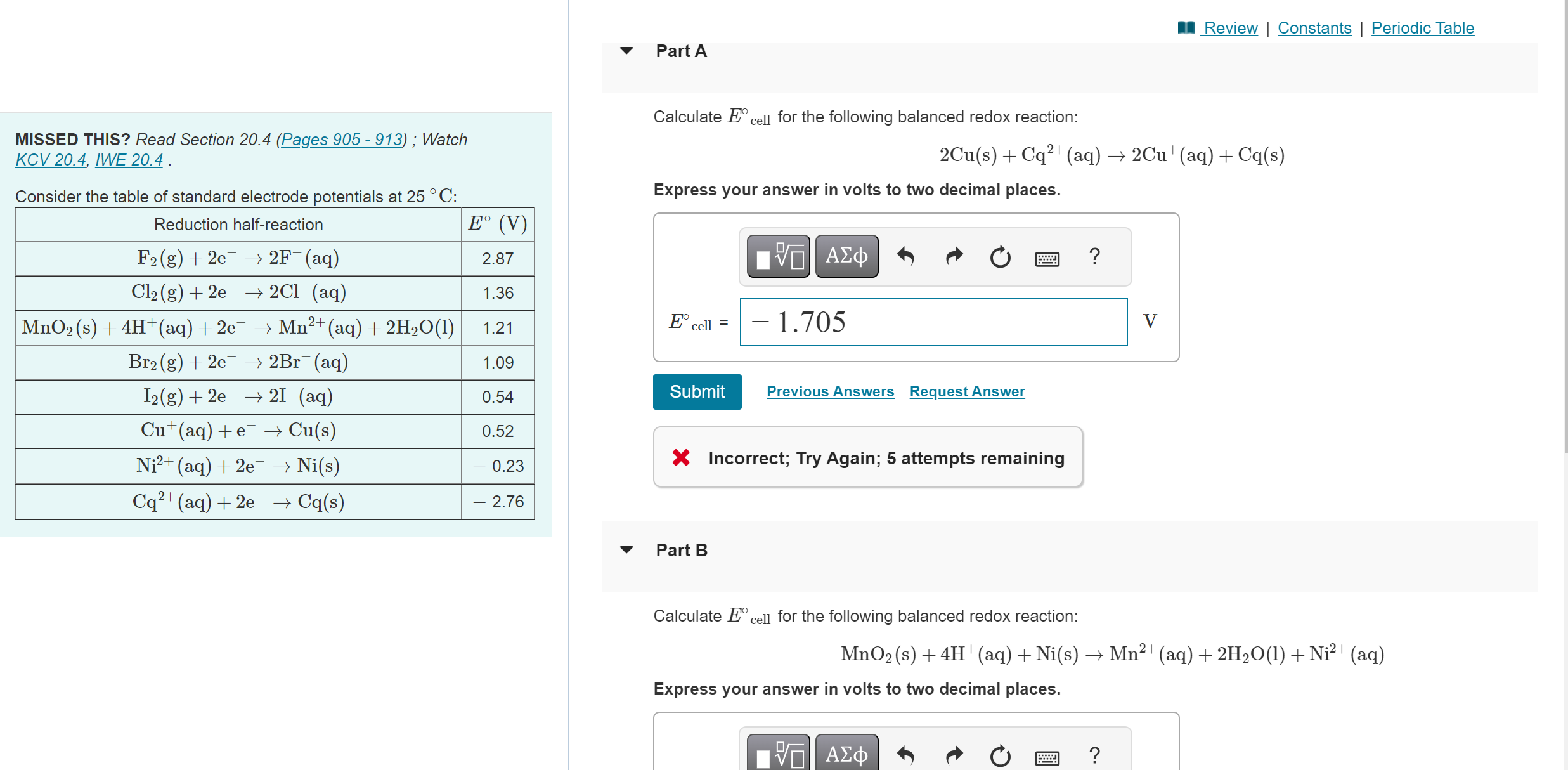 Solved Part ACalculate E° ﻿cell for the following balanced | Chegg.com