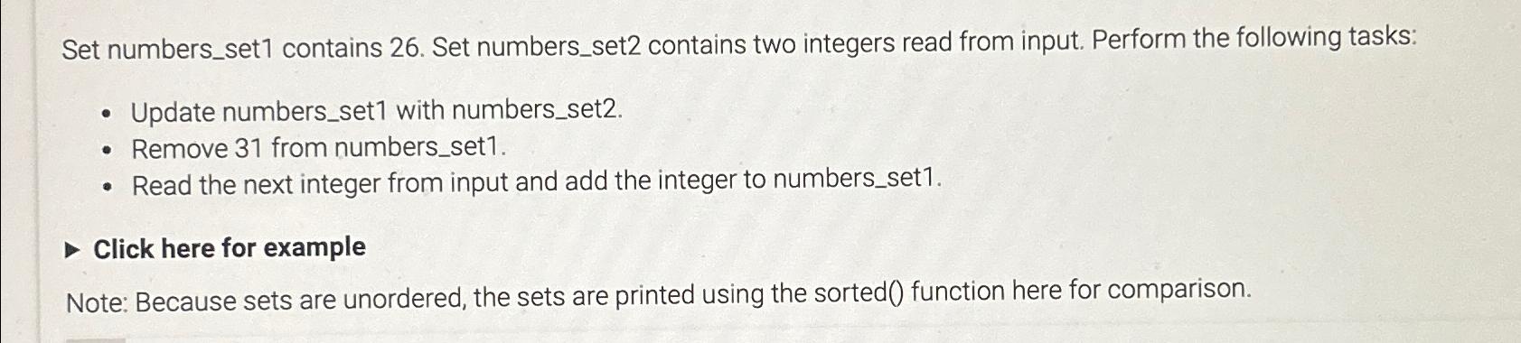Solved Set numbers_set1 contains 26 . Set numbers_set2 | Chegg.com Solved Set numbers_set1 contains 26 . Set numbers_set2 | Chegg.com