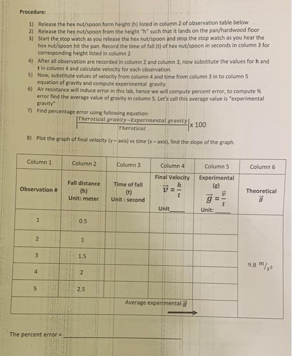 Solved Procedure: 1) Release the hex nut/spoon form height | Chegg.com