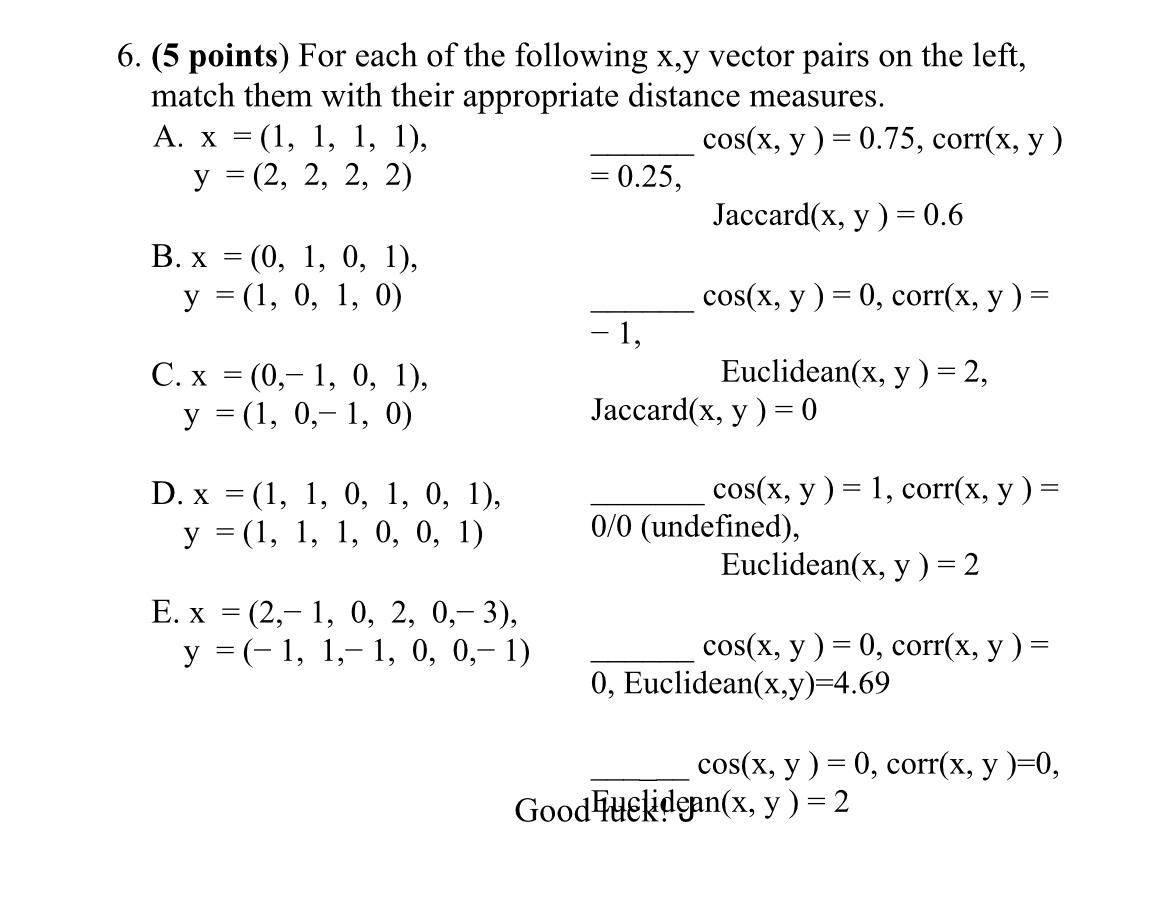 Solved (5 ﻿points) ﻿For each of the following x,y ﻿vector | Chegg.com