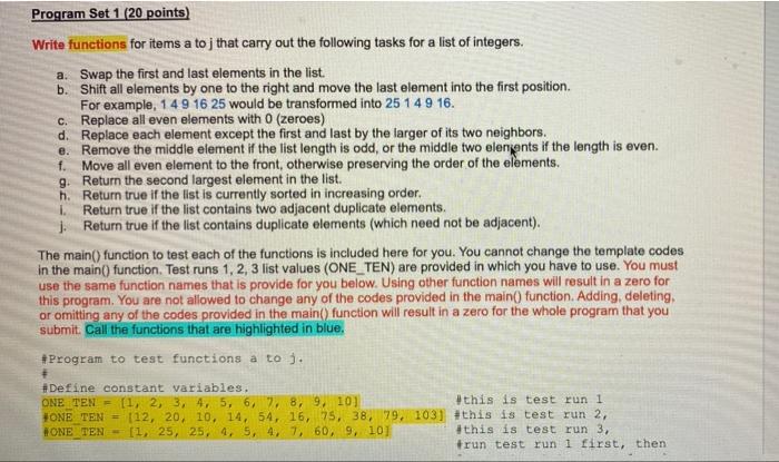 Solved Program Set 1 20 Points Write Functions For Items A 9671