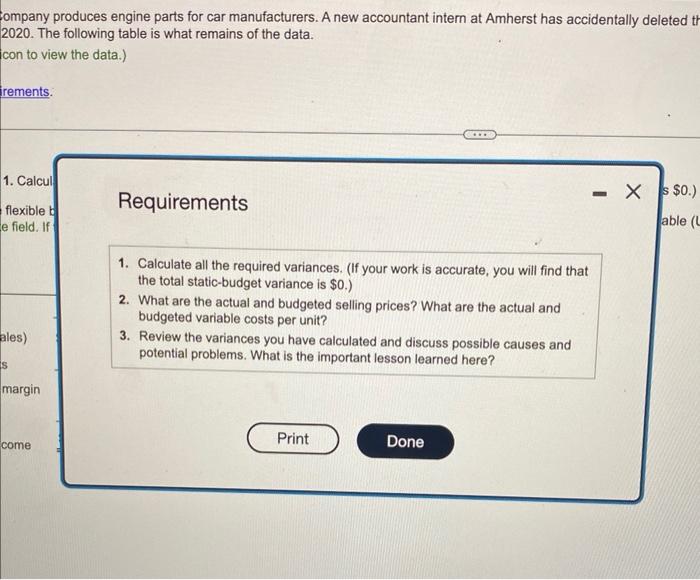Solved The Amherst Company produces engine parts for car | Chegg.com