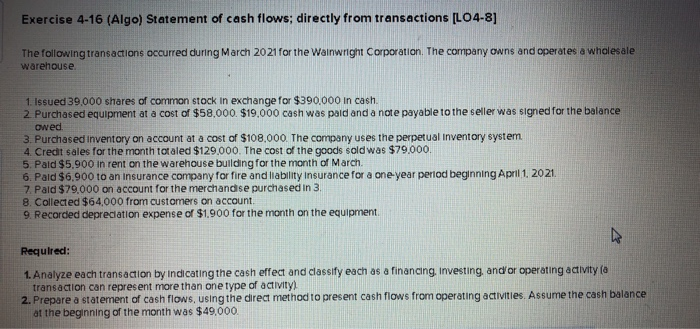 Solved Exercise 4-16 (Algo) Statement of cash flows; | Chegg.com