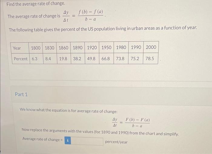 Solved The average rate of change is ΔtΔy=b−af(b)−f(a). The | Chegg.com