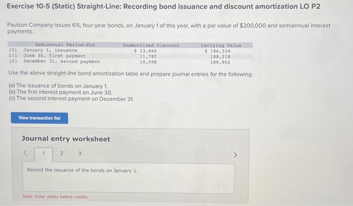 Solved Exercise 10-5 (Static) Straight-Line: Recording bond | Chegg.com
