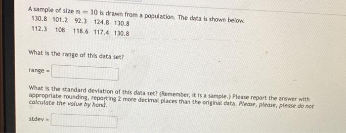 Solved A sample of size n=10 is drawn frmm a population. The | Chegg.com