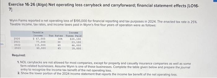 Exercise 16-26 (Algo) Net operating loss carryback | Chegg.com
